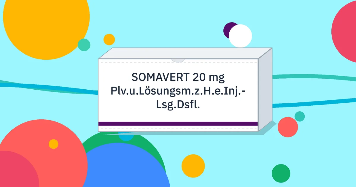 Symbolbild: Packung mit der Aufschrift SOMAVERT 20 mg Plv.u.Lösungsm.z.H.e.Inj.-Lsg.Dsfl. (PZN 15323973) – Verfügbarkeit und Bezug in Apotheken in Frankfurt am Main