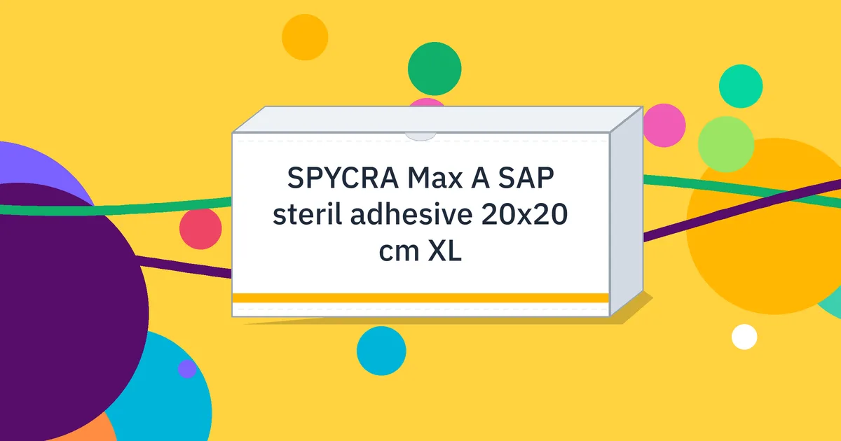 Symbolbild: Packung mit der Aufschrift SPYCRA Max A SAP steril adhesive 20x20 cm XL (PZN 18179086) – Verfügbarkeit und Bezug in Apotheken in Frankfurt am Main