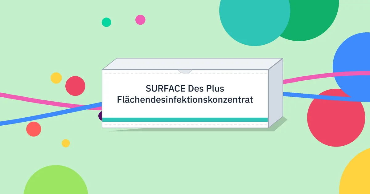 Symbolbild: Packung mit der Aufschrift SURFACE Des Plus Flächendesinfektionskonzentrat (PZN 07777111) – Verfügbarkeit und Bezug in Apotheken in Frankfurt am Main