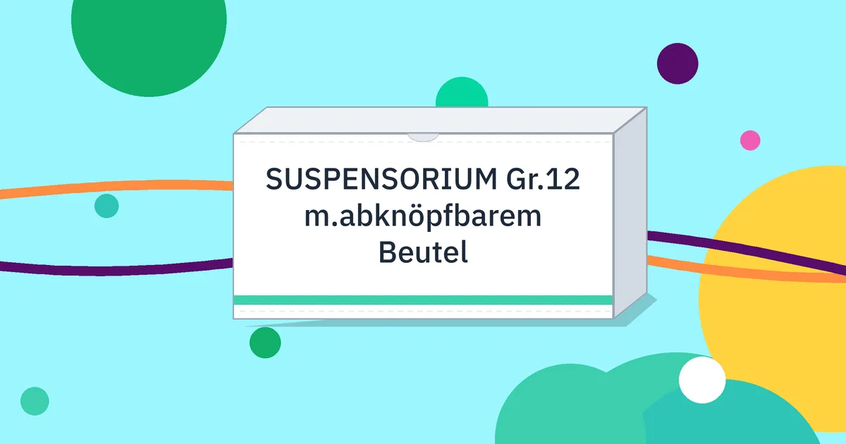 Symbolbild: Packung mit der Aufschrift SUSPENSORIUM Gr.12 m.abknöpfbarem Beutel (PZN 03800899) – Verfügbarkeit und Bezug in Apotheken in Frankfurt am Main
