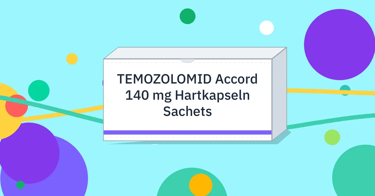Symbolbild: Packung mit der Aufschrift TEMOZOLOMID Accord 140 mg Hartkapseln Sachets (PZN 11291288) – Verfügbarkeit und Bezug in Apotheken in Frankfurt am Main
