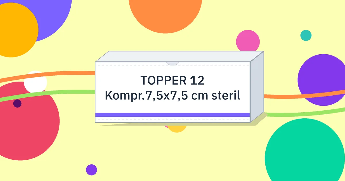 Symbolbild: Packung mit der Aufschrift TOPPER 12 Kompr.7,5x7,5 cm steril (PZN 01901863) – Verfügbarkeit und Bezug in Apotheken in Frankfurt am Main
