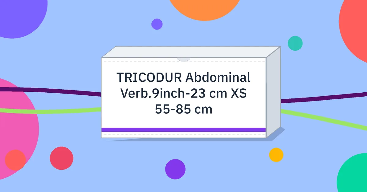 Symbolbild: Packung mit der Aufschrift TRICODUR Abdominal Verb.9inch-23 cm XS 55-85 cm (PZN 17368974) – Verfügbarkeit und Bezug in Apotheken in Frankfurt am Main