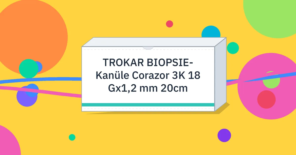 Symbolbild: Packung mit der Aufschrift TROKAR BIOPSIE-Kanüle Corazor 3K 18 Gx1,2 mm 20cm (PZN 20096195) – Verfügbarkeit und Bezug in Apotheken in Frankfurt am Main