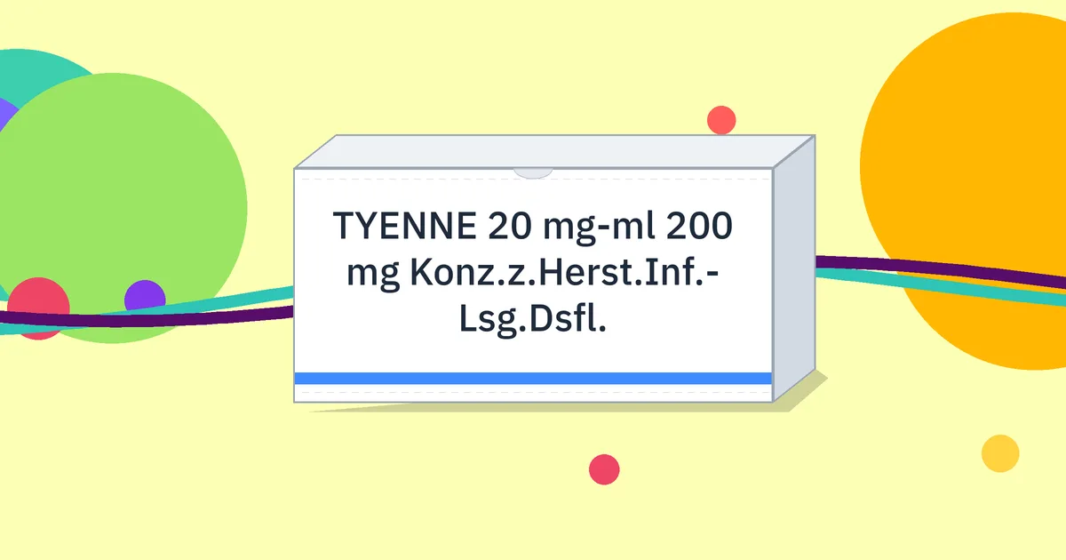 Symbolbild: Packung mit der Aufschrift TYENNE 20 mg-ml 200 mg Konz.z.Herst.Inf.-Lsg.Dsfl. (PZN 18817575) – Verfügbarkeit und Bezug in Apotheken in Frankfurt am Main