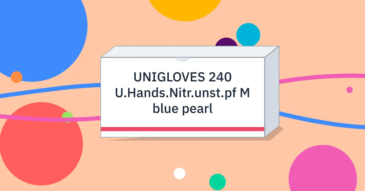 Symbolbild: Packung mit der Aufschrift UNIGLOVES 240 U.Hands.Nitr.unst.pf M blue pearl (PZN 18102304) – Verfügbarkeit und Bezug in Apotheken in Frankfurt am Main