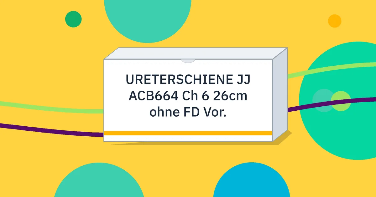 Symbolbild: Packung mit der Aufschrift URETERSCHIENE JJ ACB664 Ch 6 26cm ohne FD Vor. (PZN 00492641) – Verfügbarkeit und Bezug in Apotheken in Frankfurt am Main