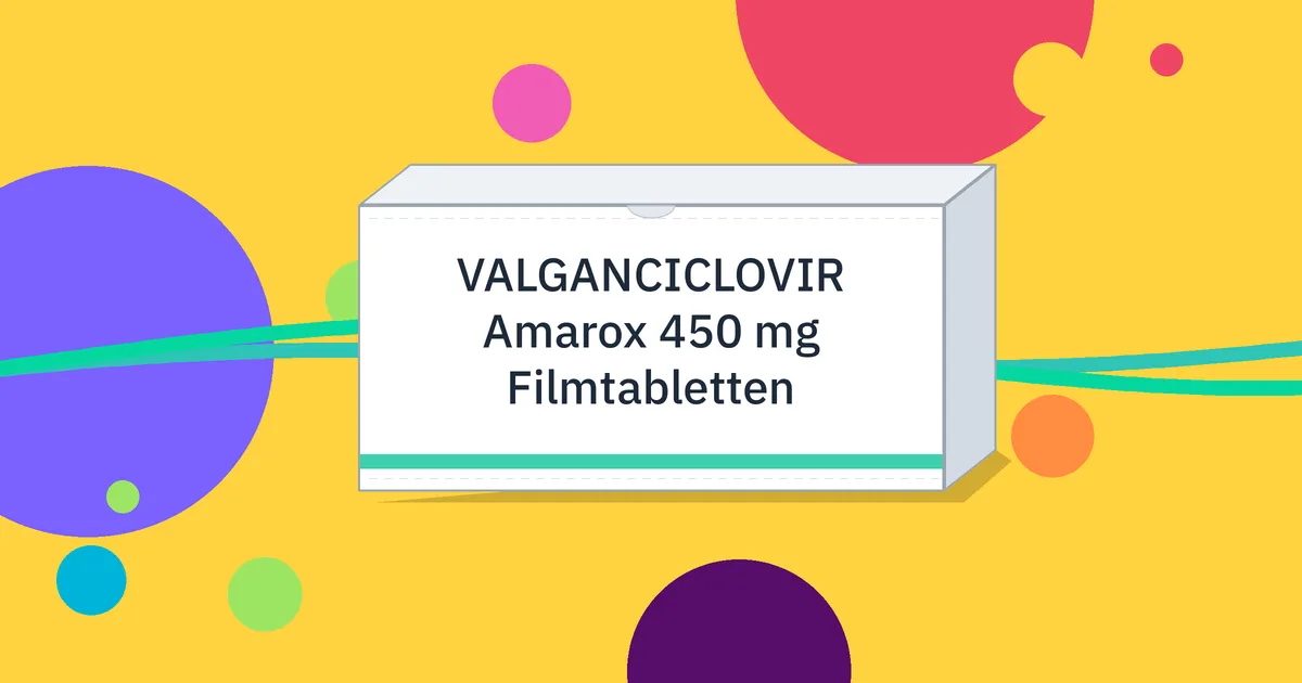Symbolbild: Packung mit der Aufschrift VALGANCICLOVIR Amarox 450 mg Filmtabletten (PZN 17964541) – Verfügbarkeit und Bezug in Apotheken in Frankfurt am Main