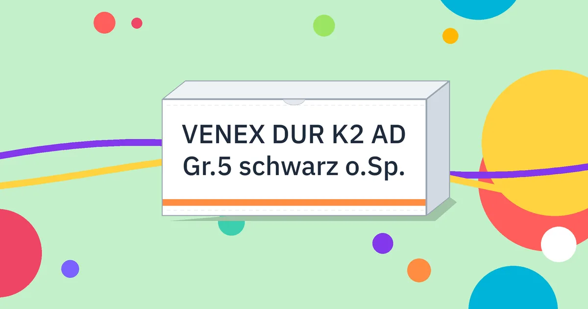 Symbolbild: Packung mit der Aufschrift VENEX DUR K2 AD Gr.5 schwarz o.Sp. (PZN 03212369) – Verfügbarkeit und Bezug in Apotheken in Frankfurt am Main