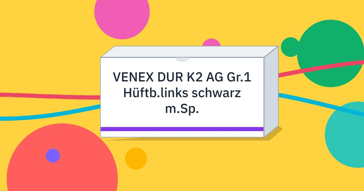 Symbolbild: Packung mit der Aufschrift VENEX DUR K2 AG Gr.1 Hüftb.links schwarz m.Sp. (PZN 03227388) – Verfügbarkeit und Bezug in Apotheken in Frankfurt am Main