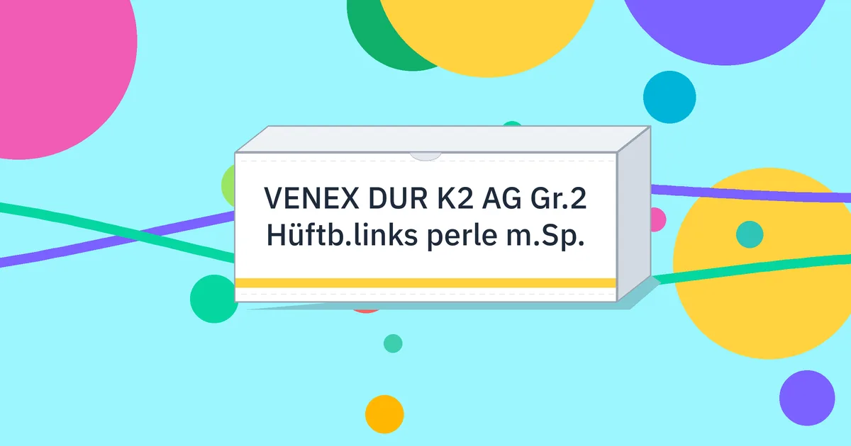 Symbolbild: Packung mit der Aufschrift VENEX DUR K2 AG Gr.2 Hüftb.links perle m.Sp. (PZN 03225739) – Verfügbarkeit und Bezug in Apotheken in Frankfurt am Main
