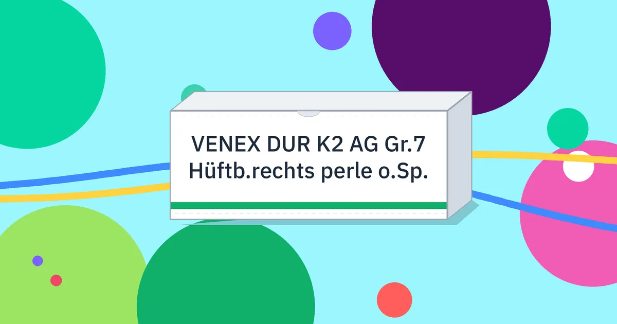 Symbolbild: Packung mit der Aufschrift VENEX DUR K2 AG Gr.7 Hüftb.rechts perle o.Sp. (PZN 03231817) – Verfügbarkeit und Bezug in Apotheken in Frankfurt am Main