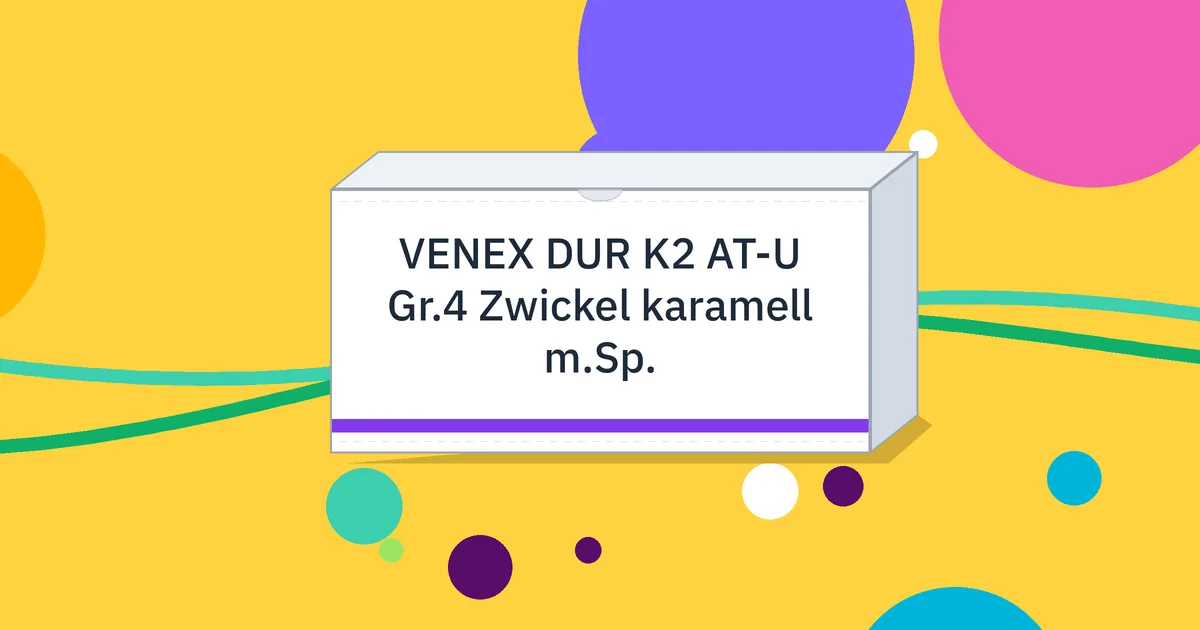 Symbolbild: Packung mit der Aufschrift VENEX DUR K2 AT-U Gr.4 Zwickel karamell m.Sp. (PZN 13759519) – Verfügbarkeit und Bezug in Apotheken in Frankfurt am Main