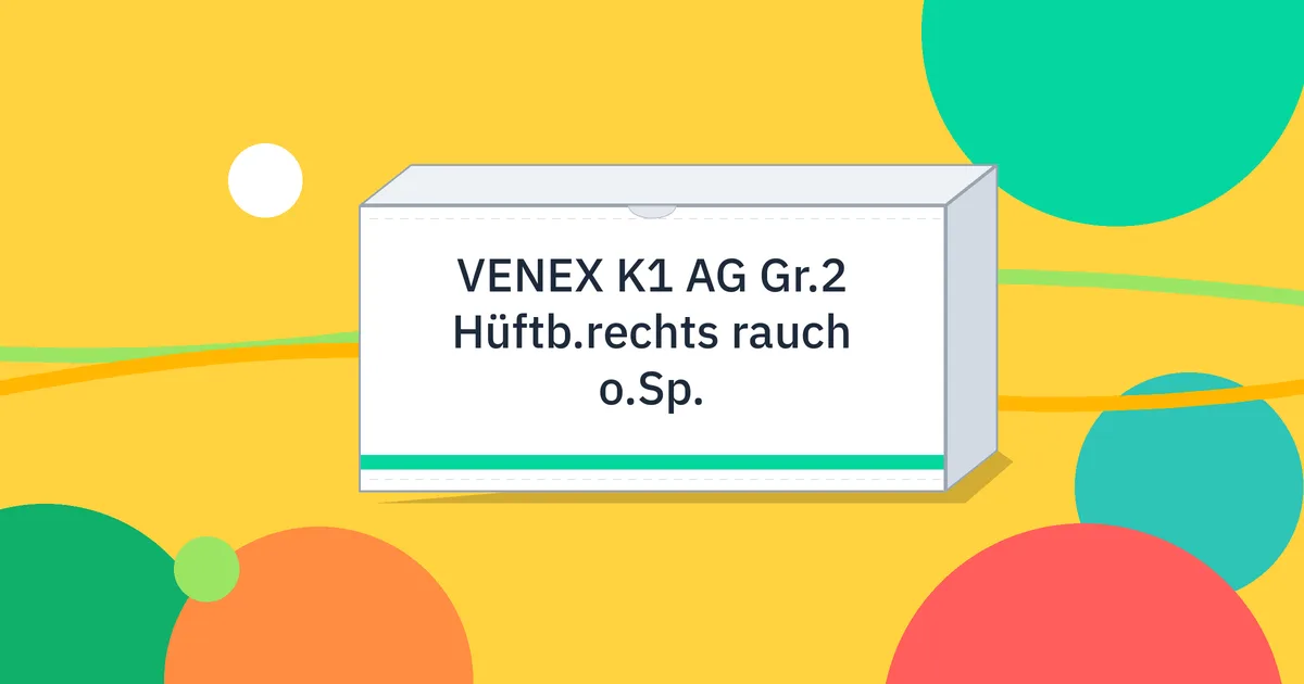 Symbolbild: Packung mit der Aufschrift VENEX K1 AG Gr.2 Hüftb.rechts rauch o.Sp. (PZN 03207138) – Verfügbarkeit und Bezug in Apotheken in Frankfurt am Main
