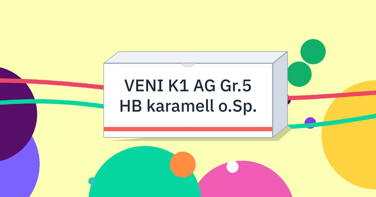 Symbolbild: Packung mit der Aufschrift VENI K1 AG Gr.5 HB karamell o.Sp. (PZN 13756484) – Verfügbarkeit und Bezug in Apotheken in Frankfurt am Main
