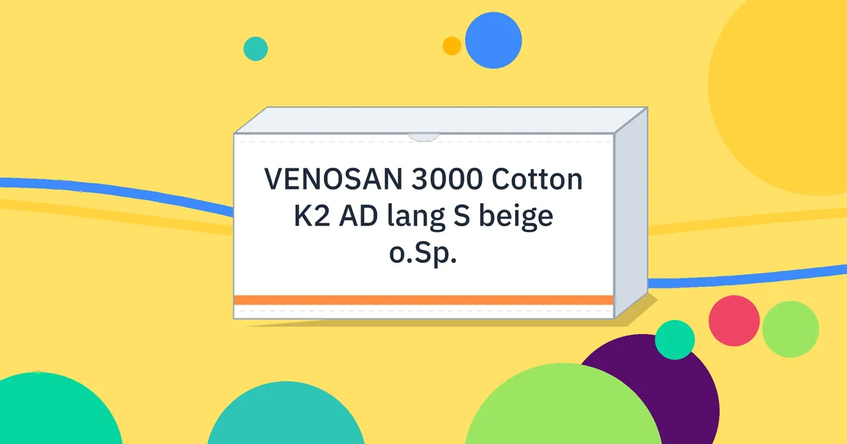 Symbolbild: Packung mit der Aufschrift VENOSAN 3000 Cotton K2 AD lang S beige o.Sp. (PZN 14421113) – Verfügbarkeit und Bezug in Apotheken in Frankfurt am Main