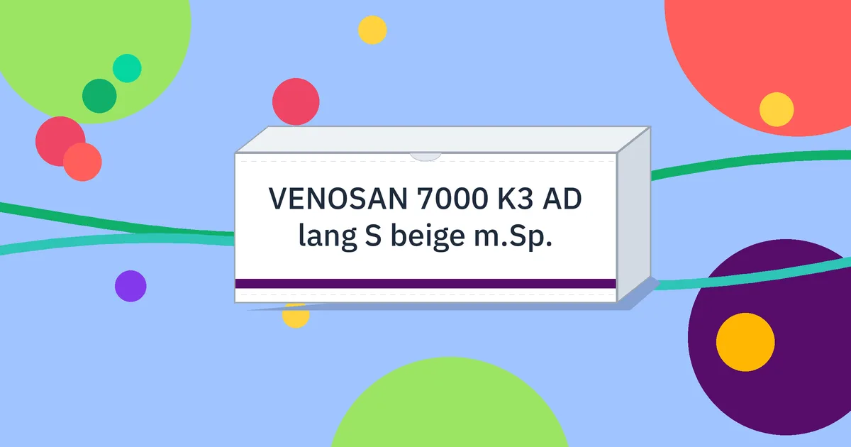 Symbolbild: Packung mit der Aufschrift VENOSAN 7000 K3 AD lang S beige m.Sp. (PZN 14434989) – Verfügbarkeit und Bezug in Apotheken in Frankfurt am Main