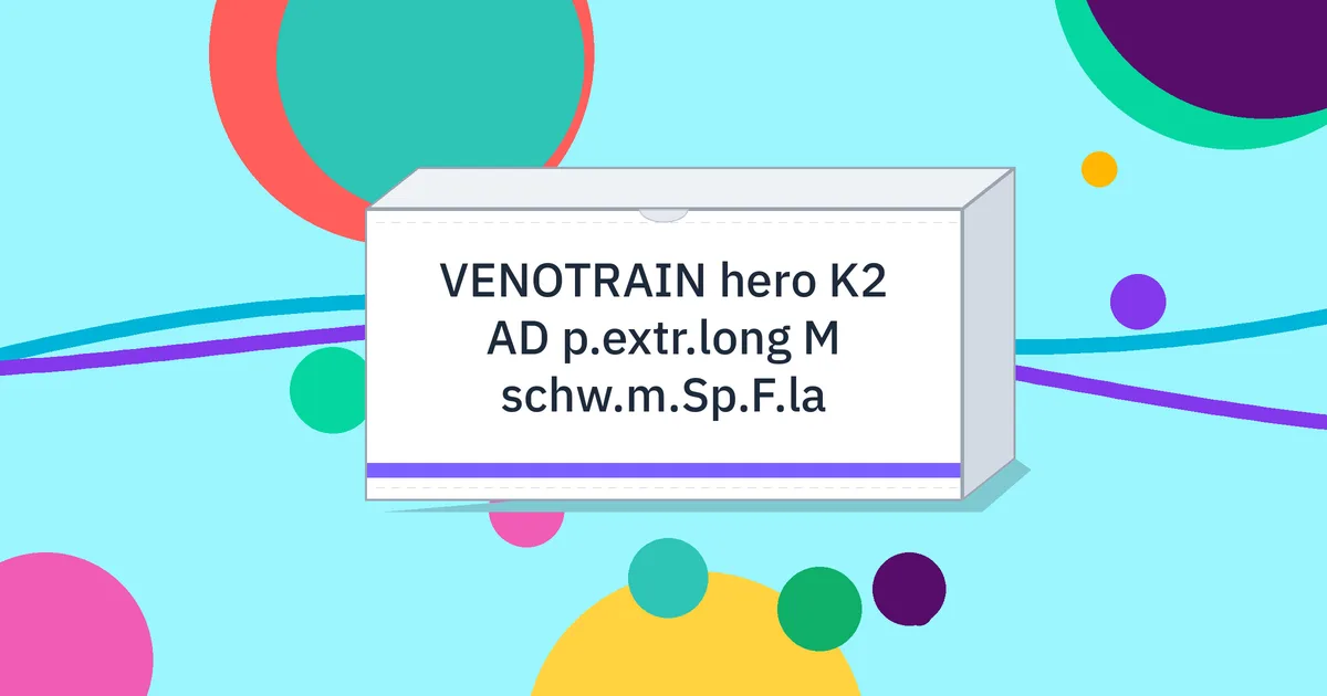 Symbolbild: Packung mit der Aufschrift VENOTRAIN hero K2 AD p.extr.long M schw.m.Sp.F.la (PZN 19190084) – Verfügbarkeit und Bezug in Apotheken in Frankfurt am Main