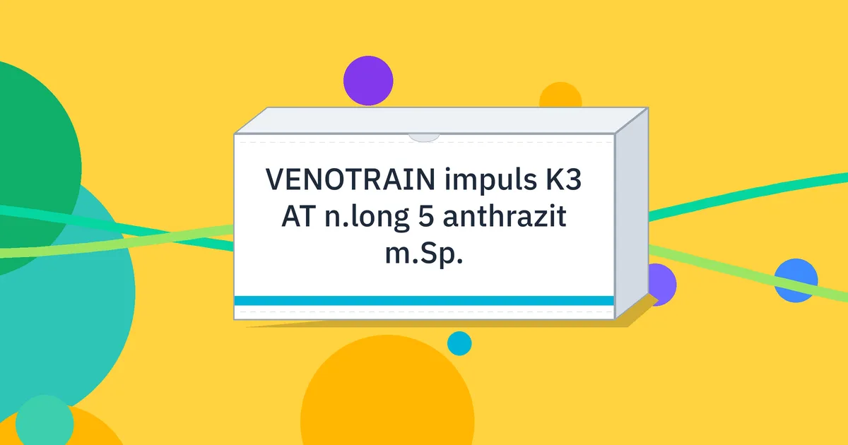 Symbolbild: Packung mit der Aufschrift VENOTRAIN impuls K3 AT n.long 5 anthrazit m.Sp. (PZN 19356805) – Verfügbarkeit und Bezug in Apotheken in Frankfurt am Main