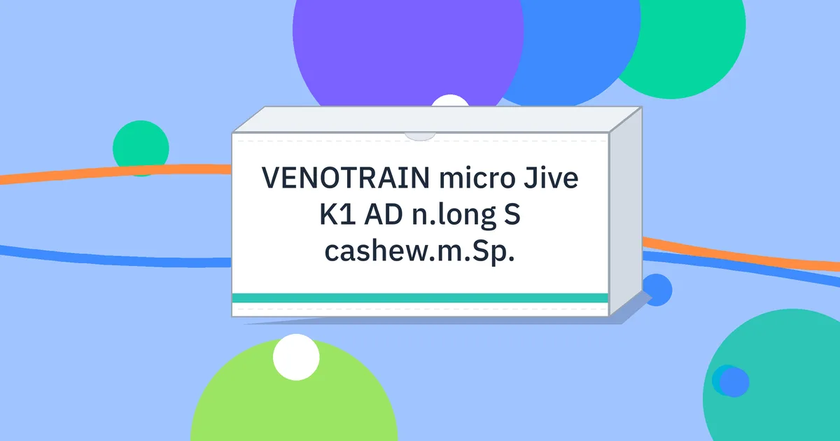 Symbolbild: Packung mit der Aufschrift VENOTRAIN micro Jive K1 AD n.long S cashew.m.Sp. (PZN 20768223) – Verfügbarkeit und Bezug in Apotheken in Frankfurt am Main