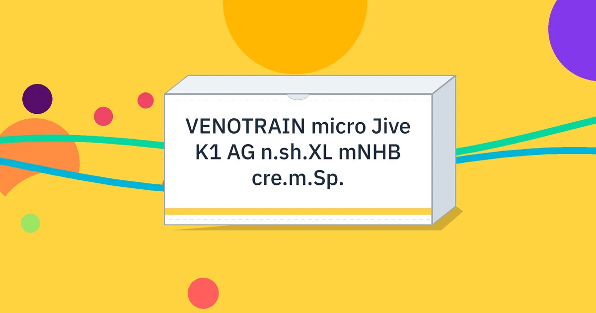 Symbolbild: Packung mit der Aufschrift VENOTRAIN micro Jive K1 AG n.sh.XL mNHB cre.m.Sp. (PZN 17757865) – Verfügbarkeit und Bezug in Apotheken in Frankfurt am Main