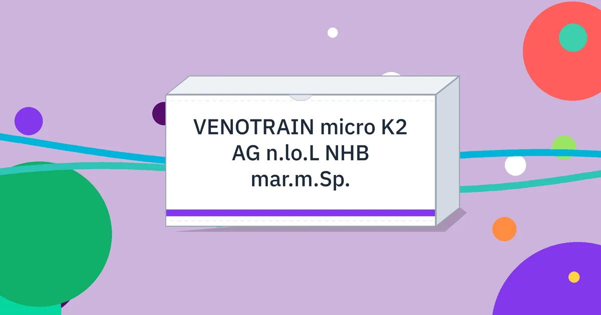 Symbolbild: Packung mit der Aufschrift VENOTRAIN micro K2 AG n.lo.L NHB mar.m.Sp. (PZN 06699320) – Verfügbarkeit und Bezug in Apotheken in Frankfurt am Main