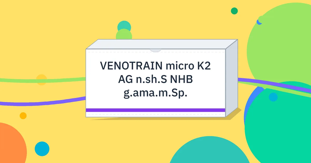 Symbolbild: Packung mit der Aufschrift VENOTRAIN micro K2 AG n.sh.S NHB g.ama.m.Sp. (PZN 05999681) – Verfügbarkeit und Bezug in Apotheken in Frankfurt am Main