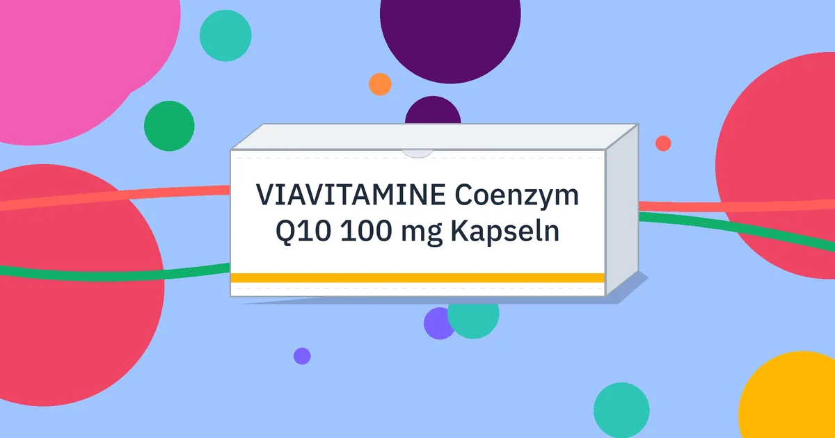 Symbolbild: Packung mit der Aufschrift VIAVITAMINE Coenzym Q10 100 mg Kapseln (PZN 20646098) – Verfügbarkeit und Bezug in Apotheken in Frankfurt am Main