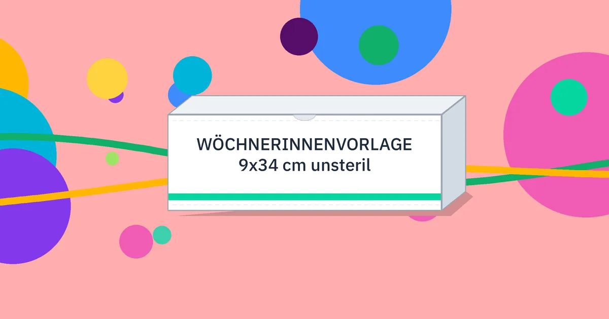 Symbolbild: Packung mit der Aufschrift WÖCHNERINNENVORLAGE 9x34 cm unsteril (PZN 09335618) – Verfügbarkeit und Bezug in Apotheken in Frankfurt am Main