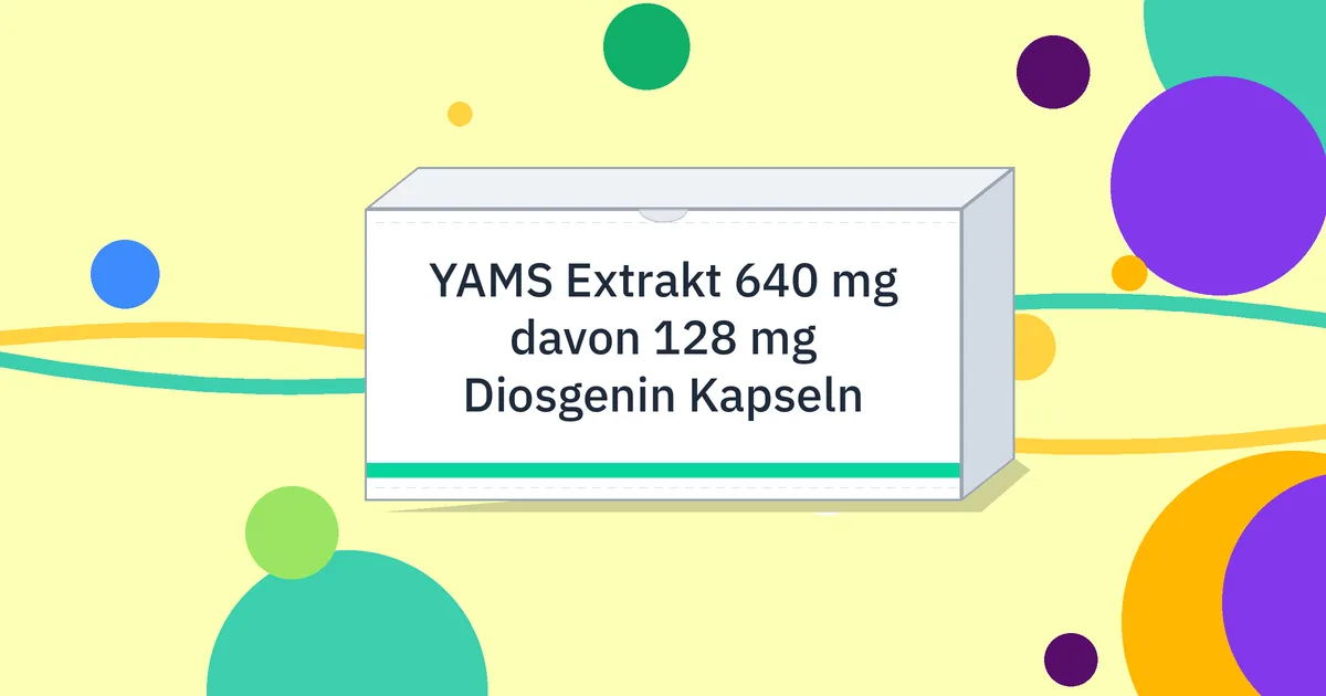 Symbolbild: Packung mit der Aufschrift YAMS Extrakt 640 mg davon 128 mg Diosgenin Kapseln (PZN 15738421) – Verfügbarkeit und Bezug in Apotheken in Frankfurt am Main