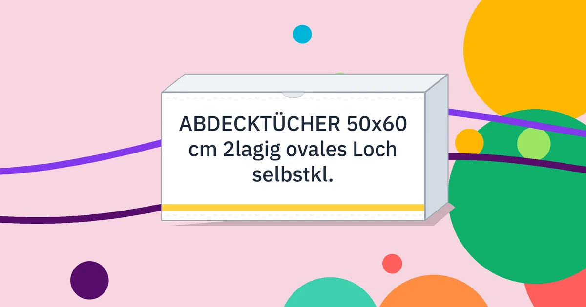 Symbolbild: Packung mit der Aufschrift ABDECKTÜCHER 50x60 cm 2lagig ovales Loch selbstkl. (PZN 09728507) – Verfügbarkeit und Bezug in Apotheken in Frankfurt am Main