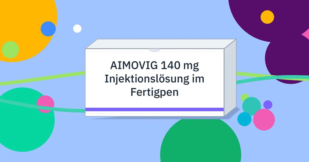 Symbolbild: Packung mit der Aufschrift AIMOVIG 140 mg Injektionslösung im Fertigpen (PZN 14441788) – Verfügbarkeit und Bezug in Apotheken in Frankfurt am Main