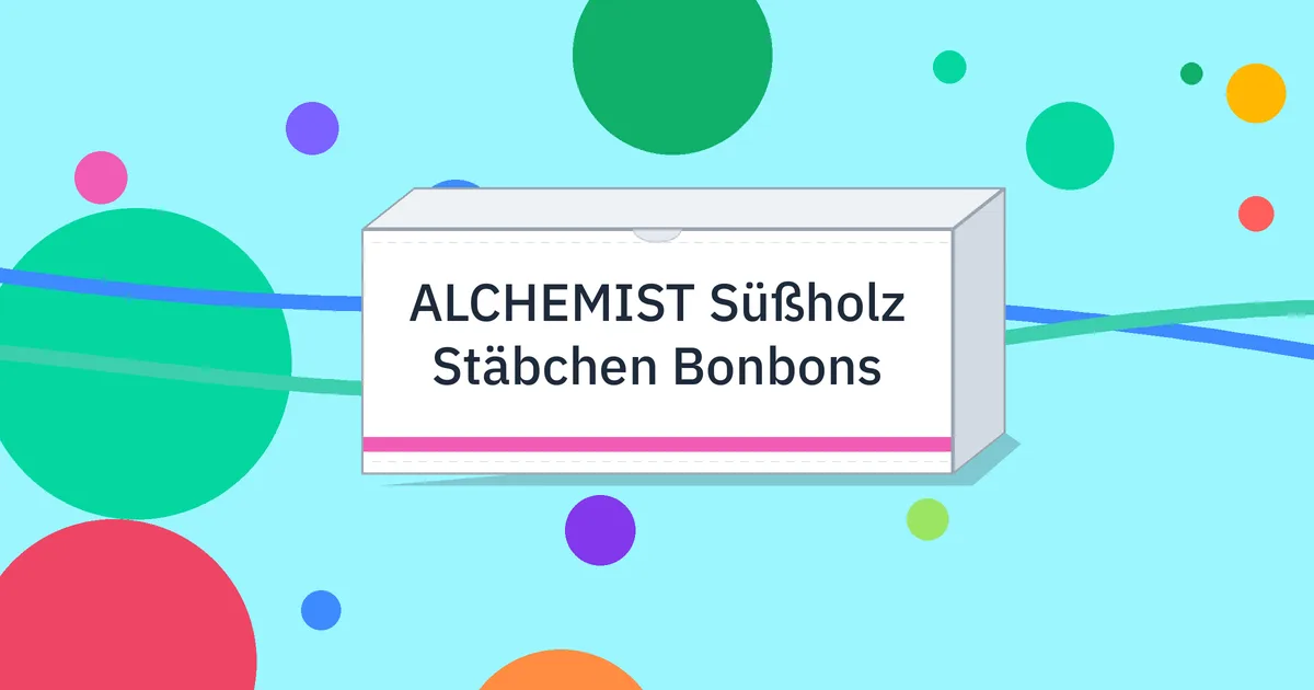 Symbolbild: Packung mit der Aufschrift ALCHEMIST Süßholz Stäbchen Bonbons (PZN 12519055) – Verfügbarkeit und Bezug in Apotheken in Frankfurt am Main