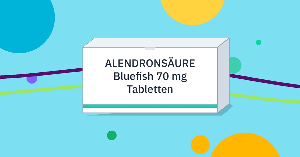 Symbolbild: Packung mit der Aufschrift ALENDRONSÄURE Bluefish 70 mg Tabletten (PZN 17877693) – Verfügbarkeit und Bezug in Apotheken in Frankfurt am Main
