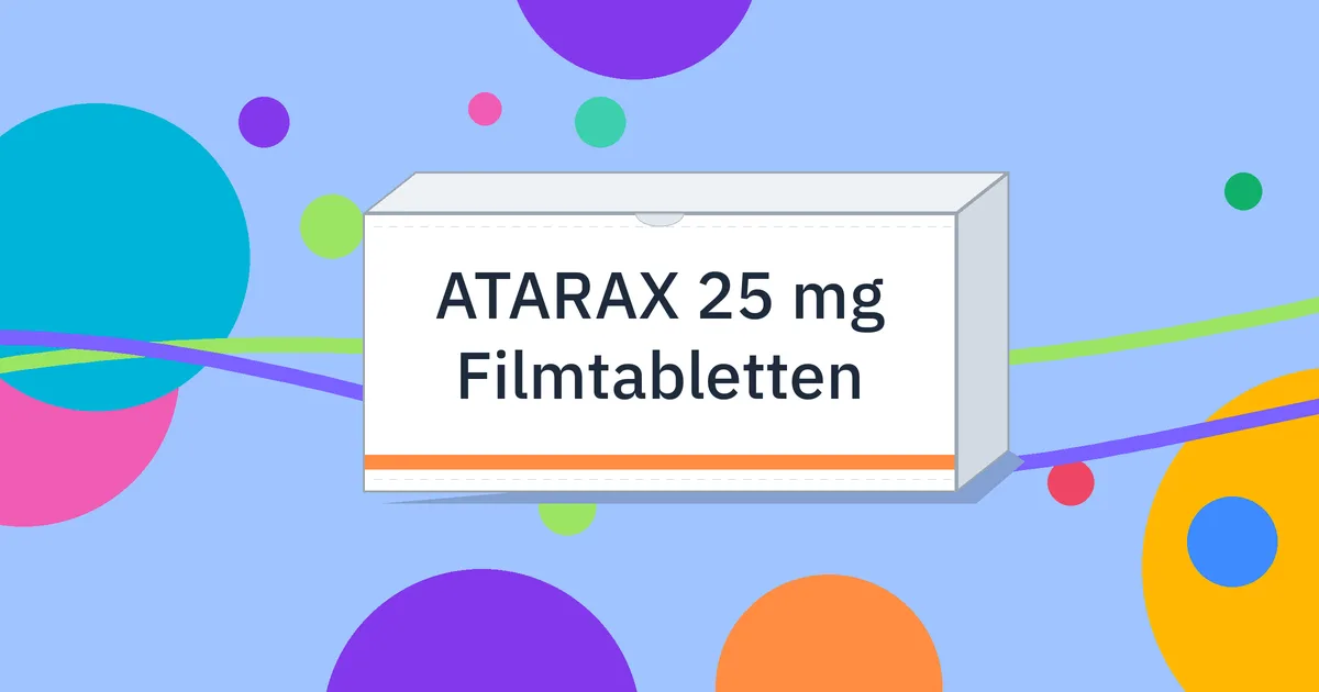 Symbolbild: Packung mit der Aufschrift ATARAX 25 mg Filmtabletten (PZN 06726991) – Verfügbarkeit und Bezug in Apotheken in Frankfurt am Main