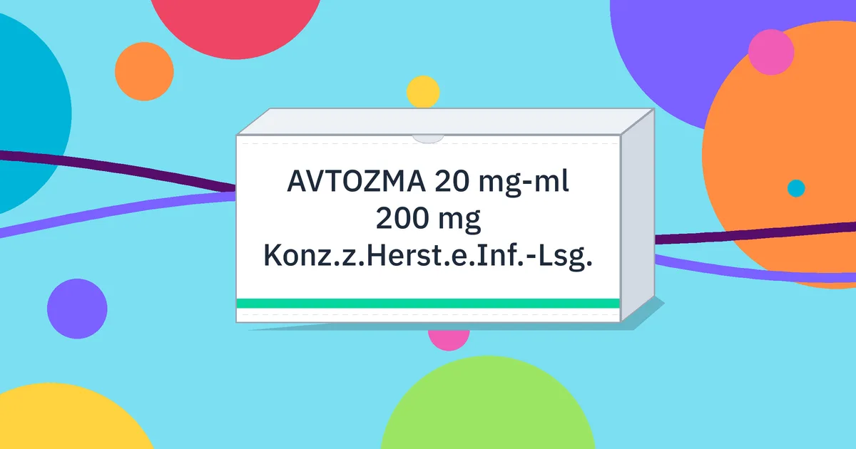 Symbolbild: Packung mit der Aufschrift AVTOZMA 20 mg-ml 200 mg Konz.z.Herst.e.Inf.-Lsg. (PZN 19499769) – Verfügbarkeit und Bezug in Apotheken in Frankfurt am Main