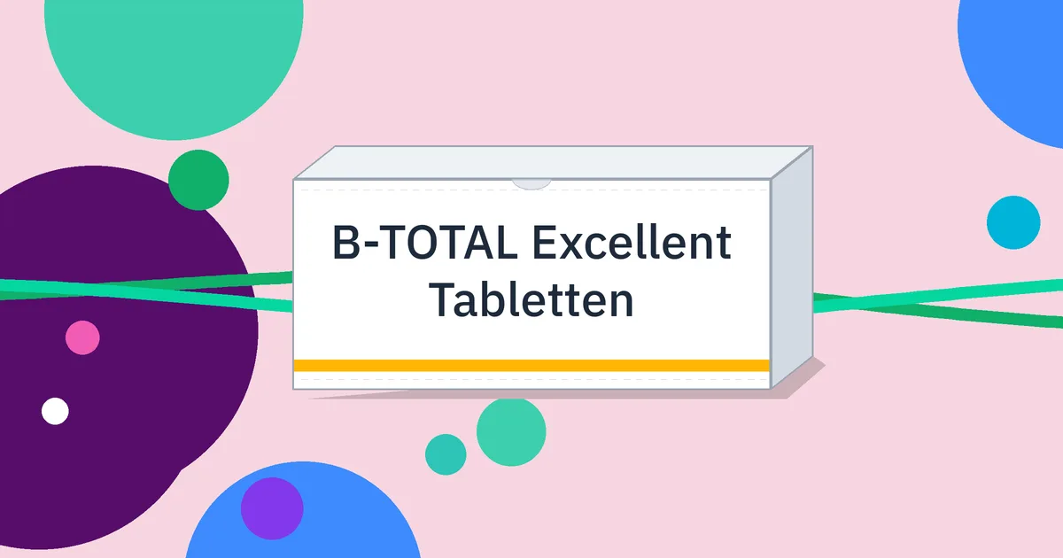 Symbolbild: Packung mit der Aufschrift B-TOTAL Excellent Tabletten (PZN 16680273) – Verfügbarkeit und Bezug in Apotheken in Frankfurt am Main
