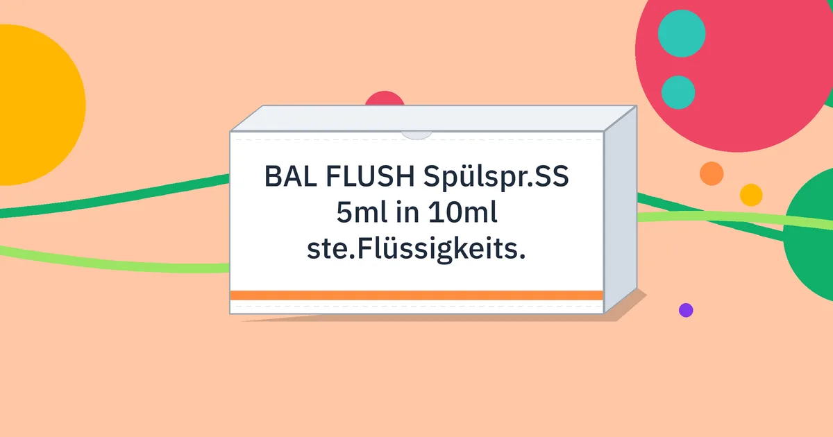 Symbolbild: Packung mit der Aufschrift BAL FLUSH Spülspr.SS 5ml in 10ml ste.Flüssigkeits. (PZN 19061263) – Verfügbarkeit und Bezug in Apotheken in Frankfurt am Main