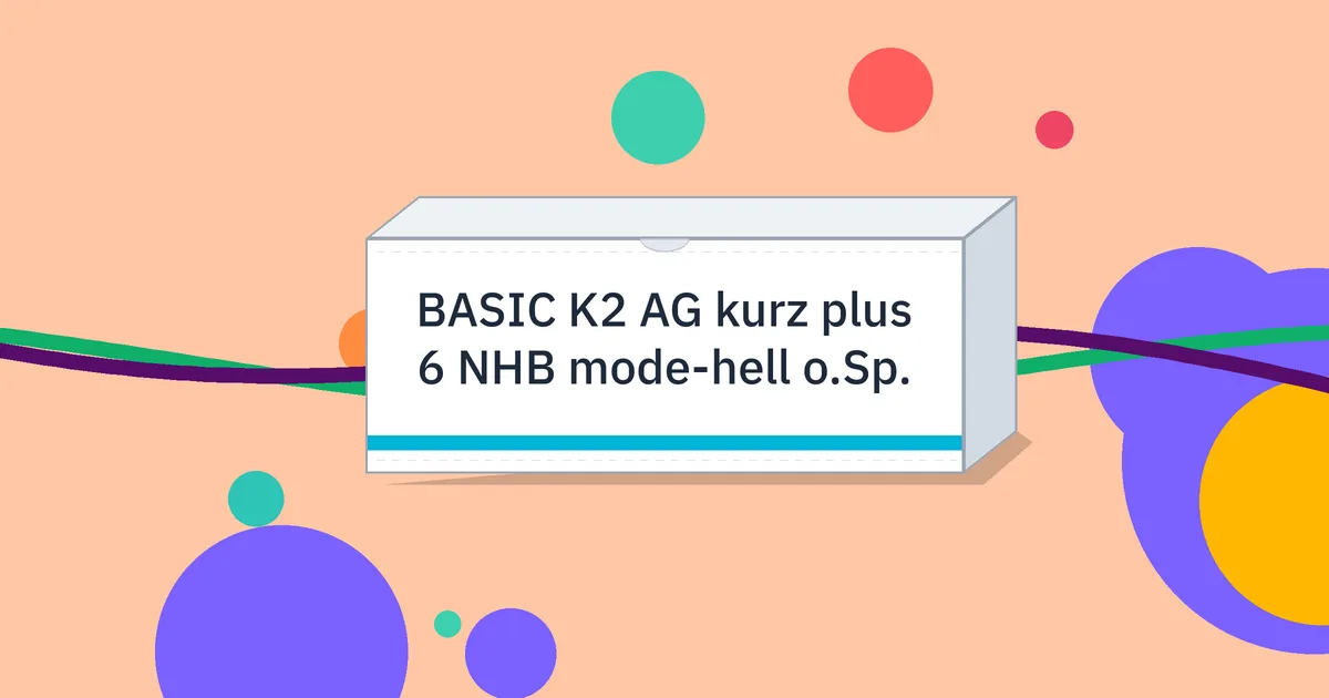 Symbolbild: Packung mit der Aufschrift BASIC K2 AG kurz plus 6 NHB mode-hell o.Sp. (PZN 20268489) – Verfügbarkeit und Bezug in Apotheken in Frankfurt am Main