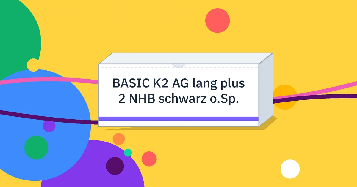 Symbolbild: Packung mit der Aufschrift BASIC K2 AG lang plus 2 NHB schwarz o.Sp. (PZN 20266533) – Verfügbarkeit und Bezug in Apotheken in Frankfurt am Main
