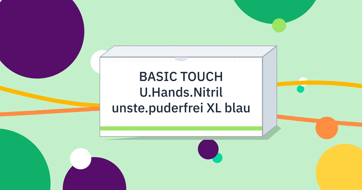 Symbolbild: Packung mit der Aufschrift BASIC TOUCH U.Hands.Nitril unste.puderfrei XL blau (PZN 15257472) – Verfügbarkeit und Bezug in Apotheken in Frankfurt am Main