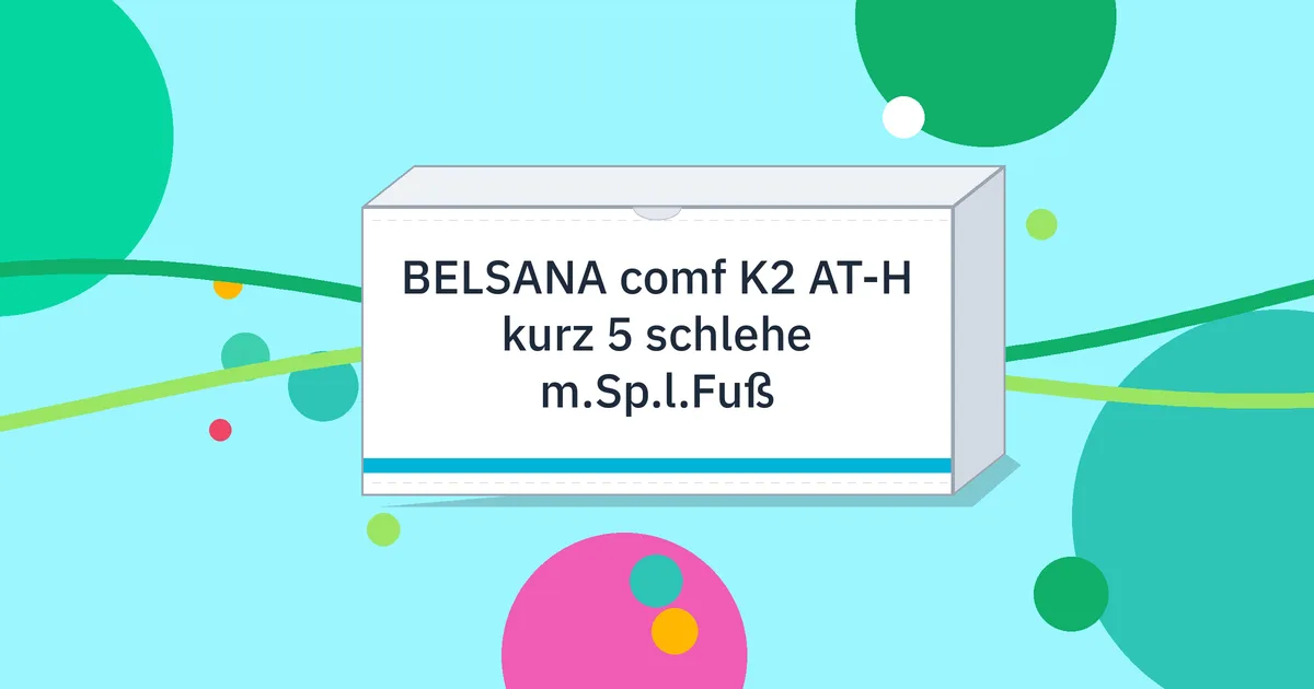 Symbolbild: Packung mit der Aufschrift BELSANA comf K2 AT-H kurz 5 schlehe m.Sp.l.Fuß (PZN 12331162) – Verfügbarkeit und Bezug in Apotheken in Frankfurt am Main
