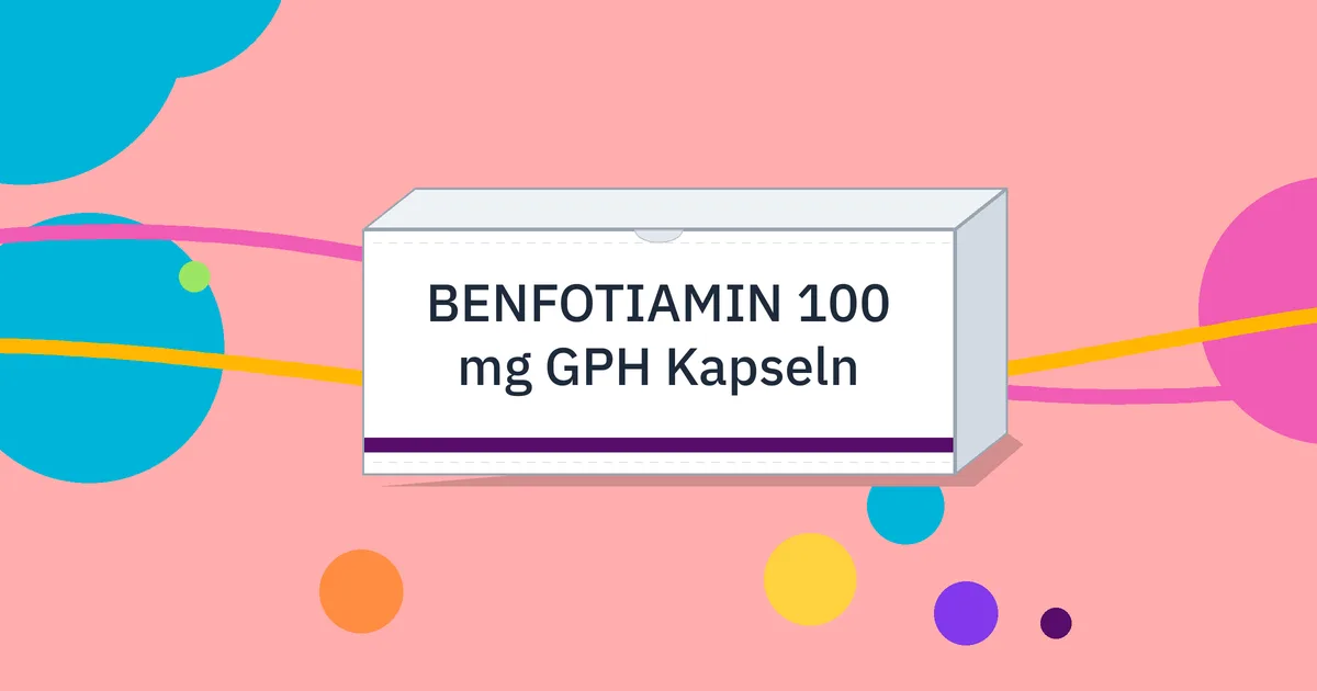Symbolbild: Packung mit der Aufschrift BENFOTIAMIN 100 mg GPH Kapseln (PZN 11658398) – Verfügbarkeit und Bezug in Apotheken in Frankfurt am Main
