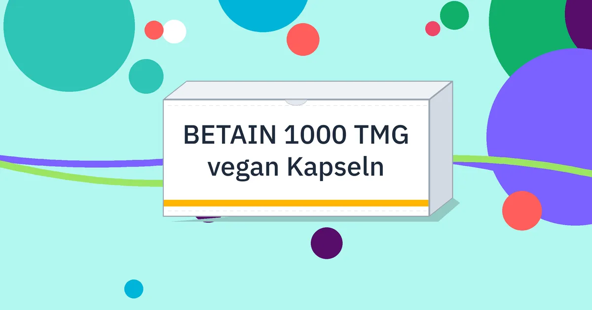 Symbolbild: Packung mit der Aufschrift BETAIN 1000 TMG vegan Kapseln (PZN 19474048) – Verfügbarkeit und Bezug in Apotheken in Frankfurt am Main