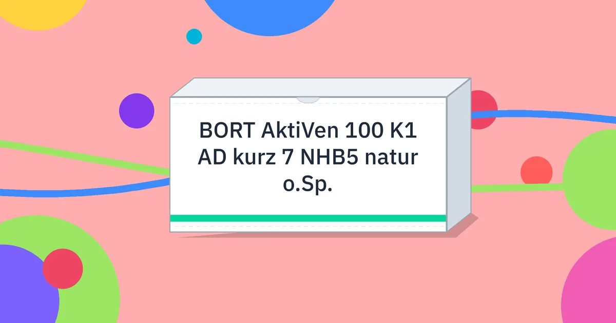 Symbolbild: Packung mit der Aufschrift BORT AktiVen 100 K1 AD kurz 7 NHB5 natur o.Sp. (PZN 17493596) – Verfügbarkeit und Bezug in Apotheken in Frankfurt am Main