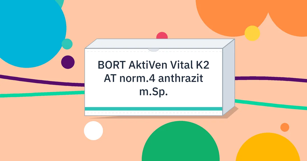 Symbolbild: Packung mit der Aufschrift BORT AktiVen Vital K2 AT norm.4 anthrazit m.Sp. (PZN 13743234) – Verfügbarkeit und Bezug in Apotheken in Frankfurt am Main