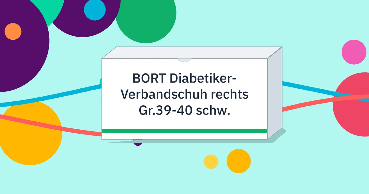 Symbolbild: Packung mit der Aufschrift BORT Diabetiker-Verbandschuh rechts Gr.39-40 schw. (PZN 11581313) – Verfügbarkeit und Bezug in Apotheken in Frankfurt am Main