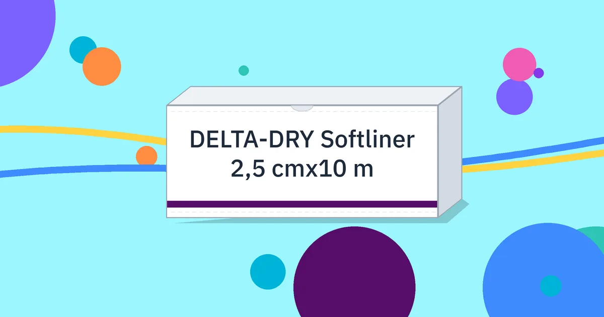 Symbolbild: Packung mit der Aufschrift DELTA-DRY Softliner 2,5 cmx10 m (PZN 09531348) – Verfügbarkeit und Bezug in Apotheken in Frankfurt am Main