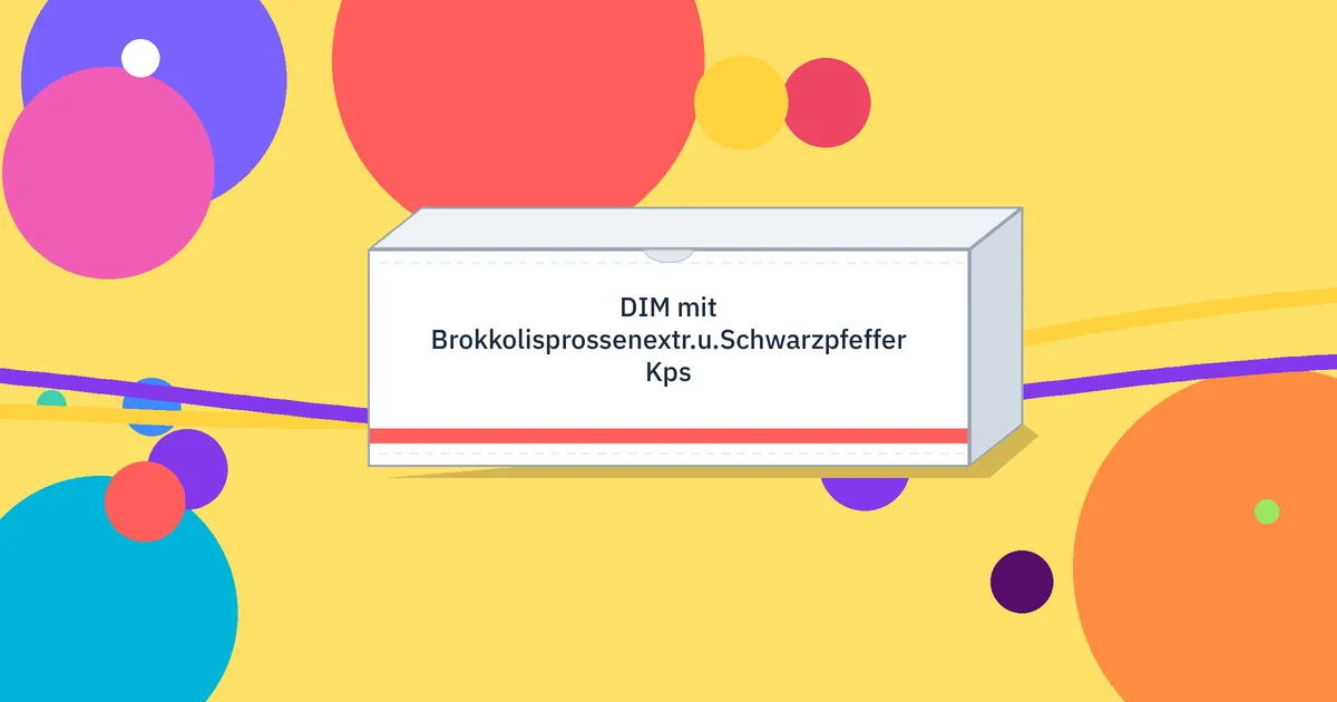 Symbolbild: Packung mit der Aufschrift DIM mit Brokkolisprossenextr.u.Schwarzpfeffer Kps (PZN 19731290) – Verfügbarkeit und Bezug in Apotheken in Frankfurt am Main