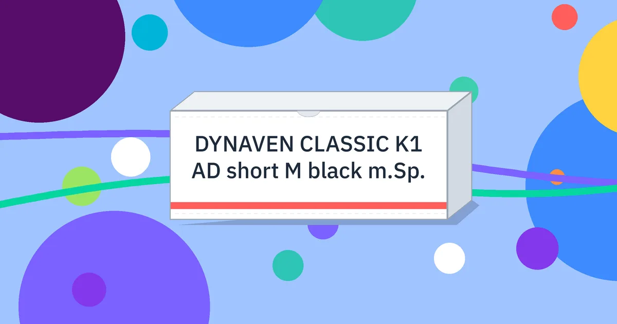Symbolbild: Packung mit der Aufschrift DYNAVEN CLASSIC K1 AD short M black m.Sp. (PZN 18414759) – Verfügbarkeit und Bezug in Apotheken in Frankfurt am Main